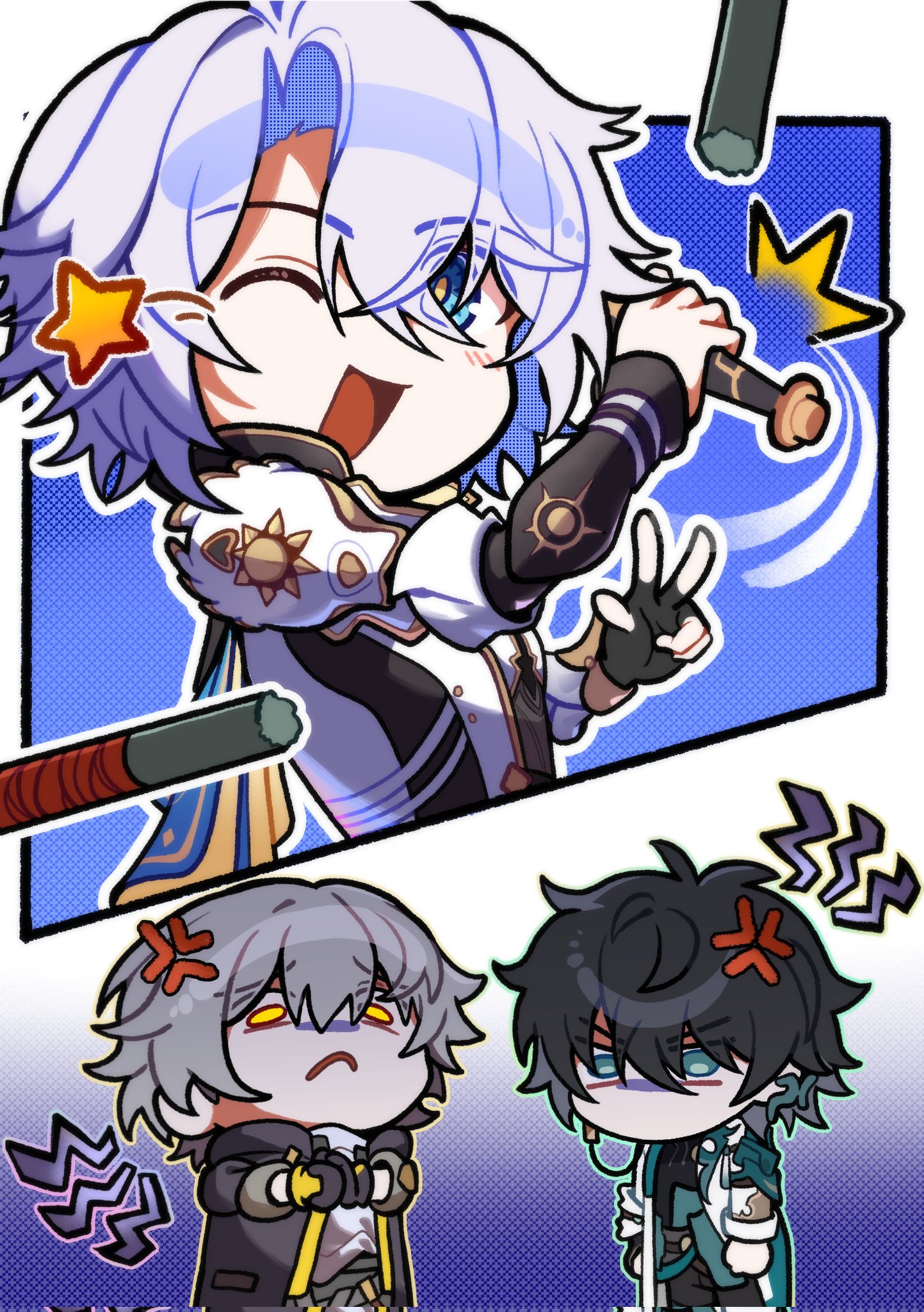 Safebooru - 3boys anger vein angry armor baseball bat black hair black ...