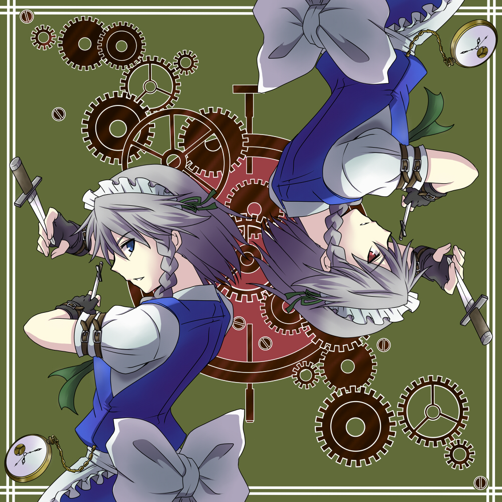 Safebooru - apron blue eyes braid clearfile fingerless gloves gears ...