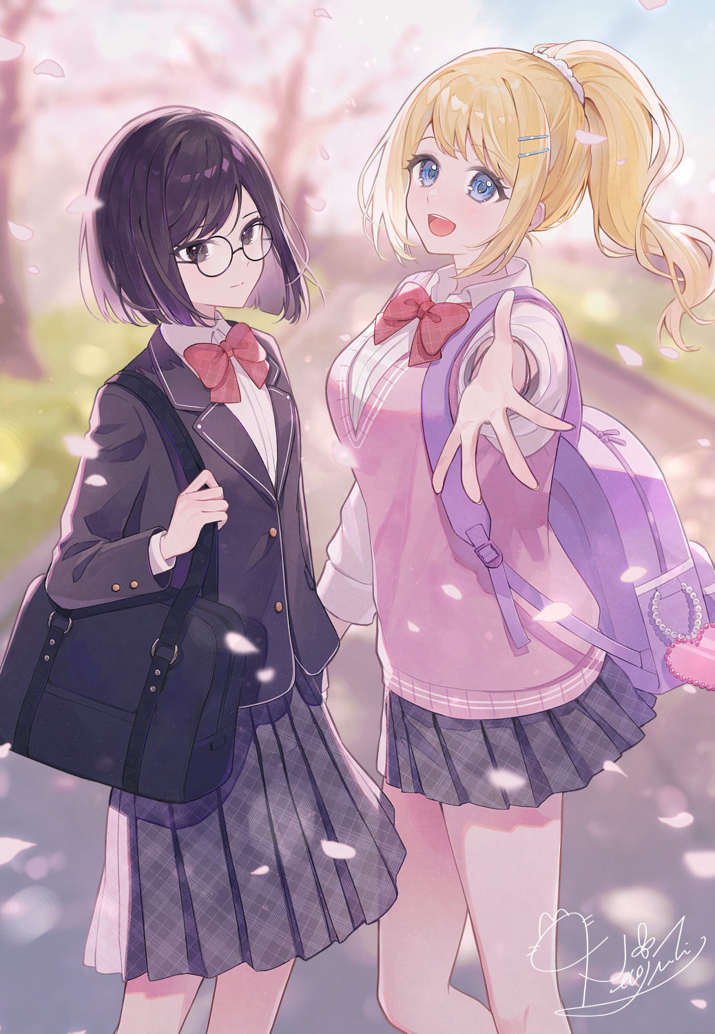 Safebooru - 2girls backpack bag black bag black eyes black hair blonde hair blue eyes blurry ...