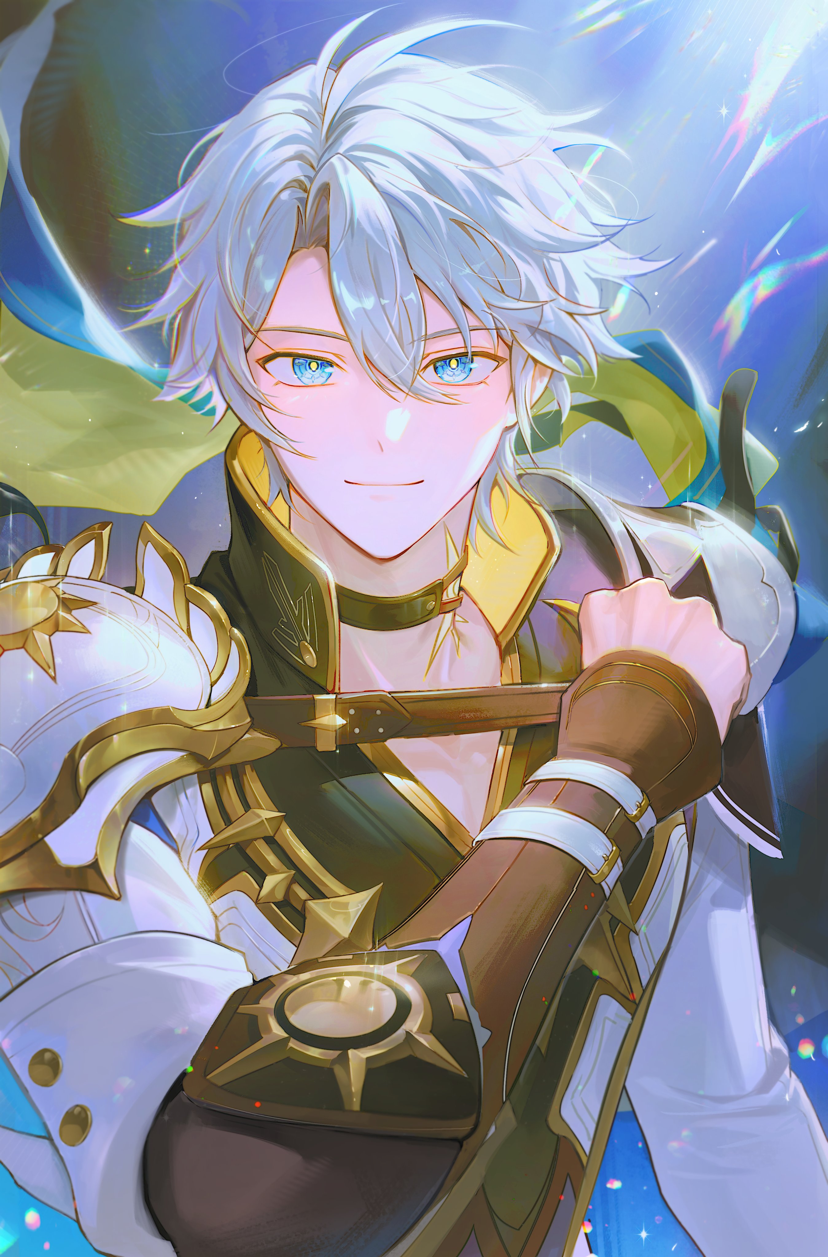 Safebooru - 1boy absurdres antenna hair armor belt collar black shirt blue eyes blue hair body ...