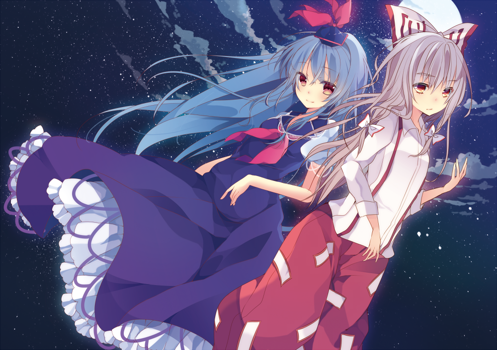 Safebooru - arm up blue dress blue hair bow cloud dress fujiwara no ...