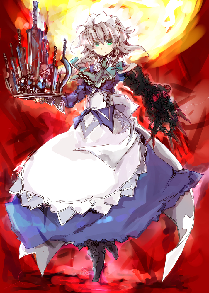 Safebooru - apron beru bow braid breasts dagger dress green eyes grey ...