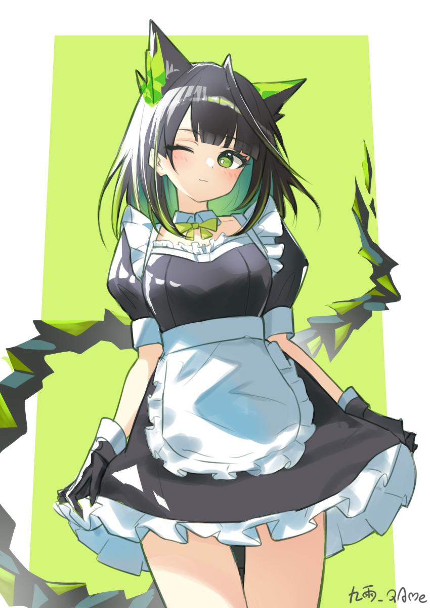 Safebooru - 1girl ;) ahoge animal ears apron arknights artist name black dress black hair border ...