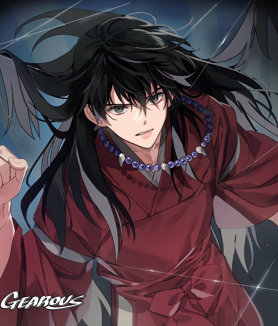 Safebooru - 1boy artist name bead necklace beads black eyes black hair floating hair gearous ...