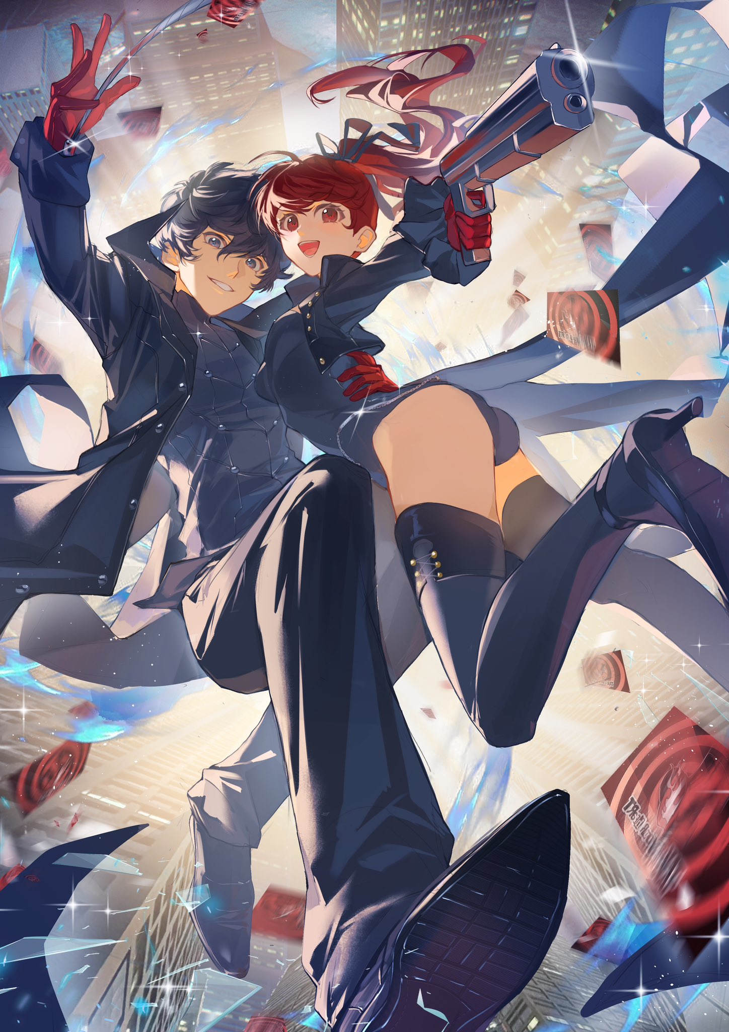 Safebooru - 1boy 1girl amamiya ren black eyes black hair black jacket black leotard black pants ...