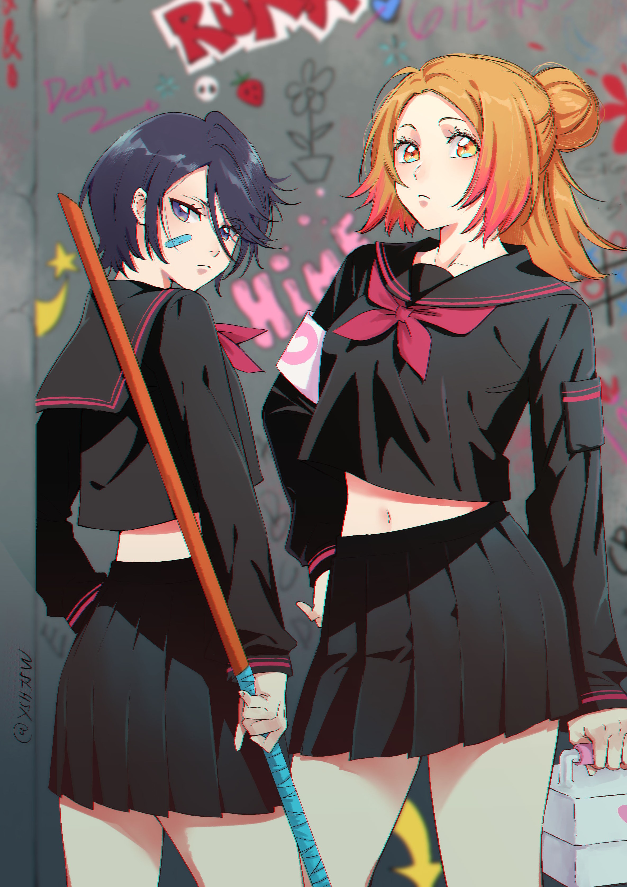 Safebooru - 2girls absurdres armband bandaid bandaid on cheek bandaid on face black hair black ...