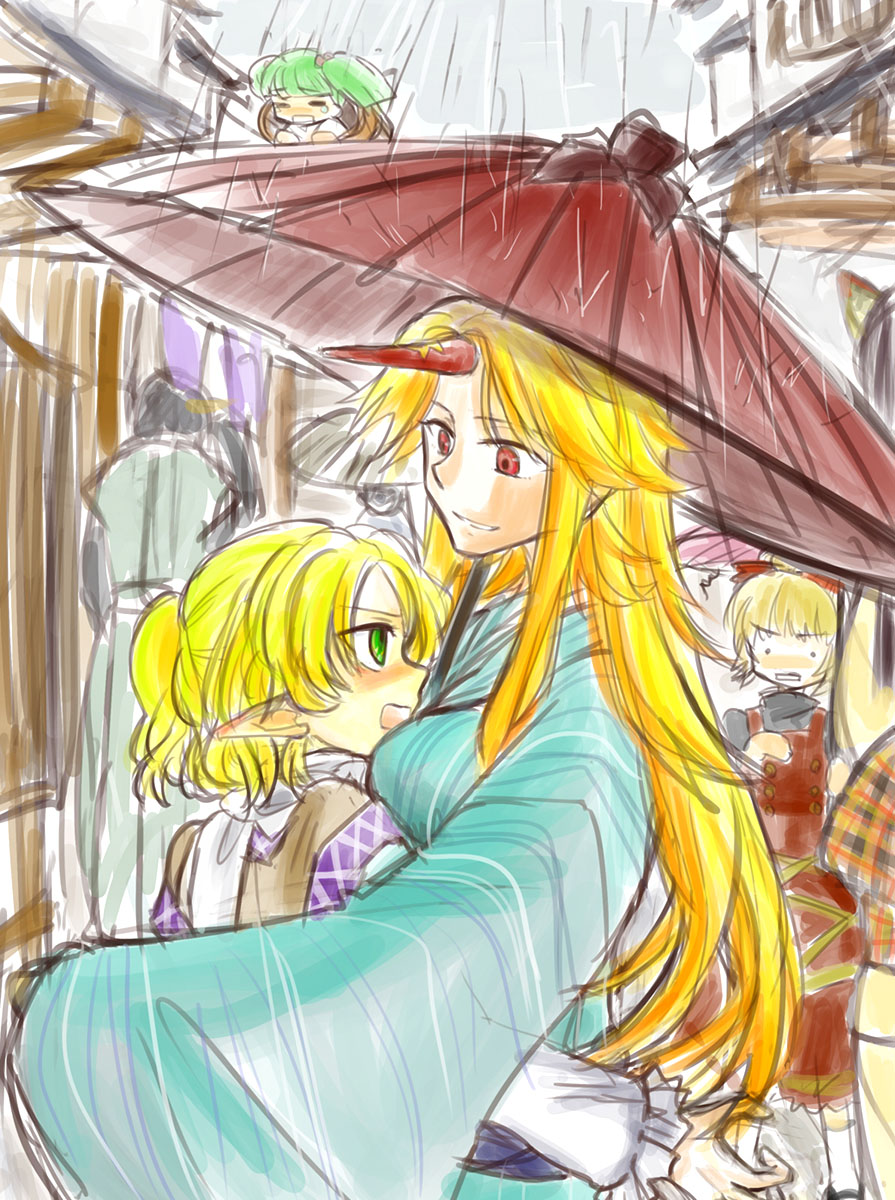 Safebooru - highres horn hoshiguma yuugi hug japanese clothes kisume kurodani yamame mizuhashi ...