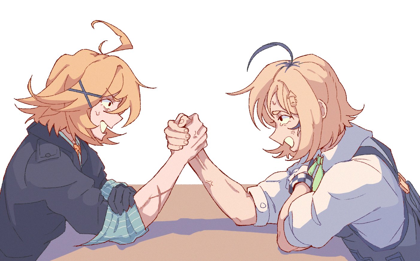 Safebooru - 2girls addendium ahoge arm wrestling black jacket blonde hair blue overalls dokibird ...