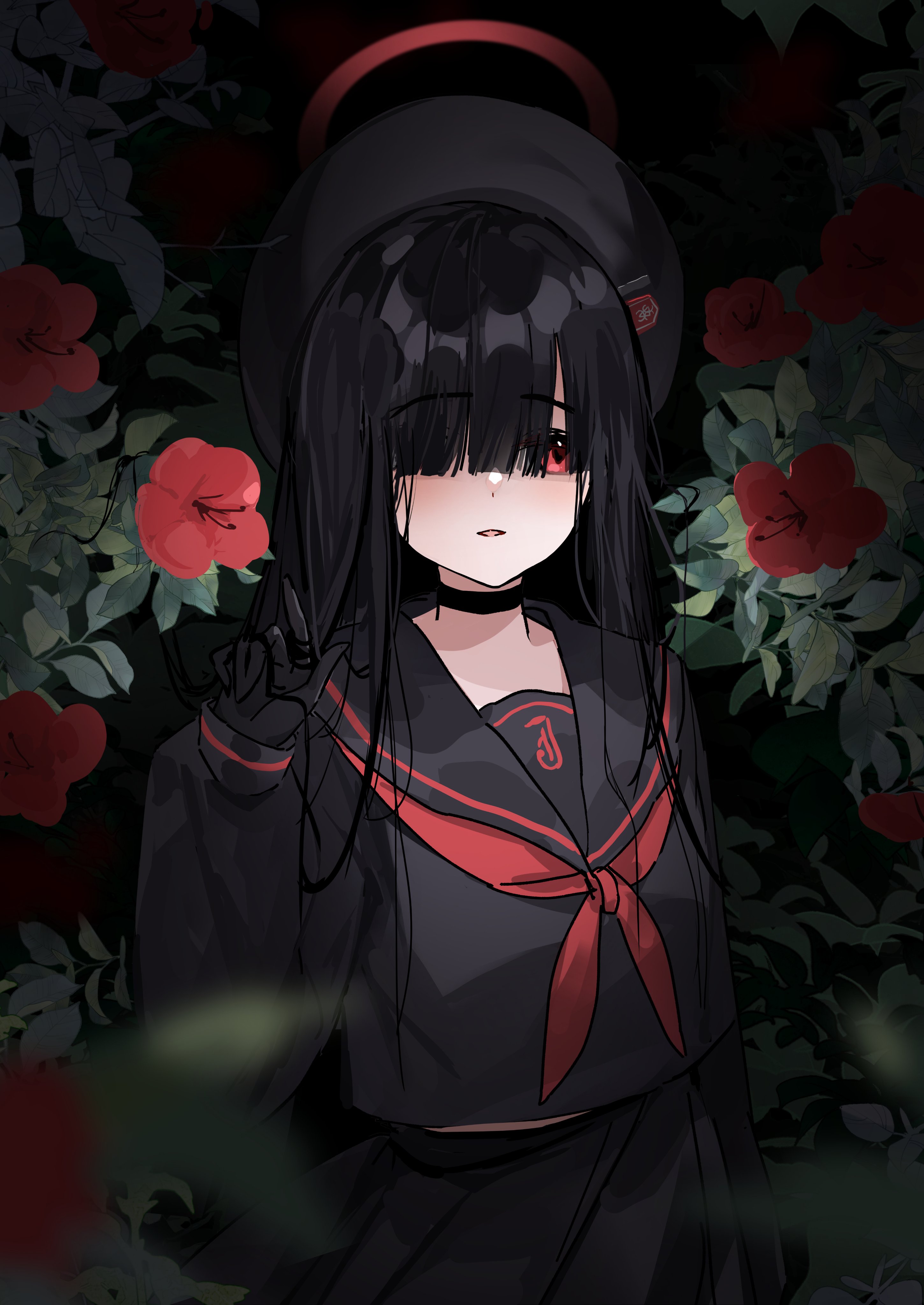 Safebooru - 1girl absurdres beret black choker black gloves black hair black hat black sailor ...