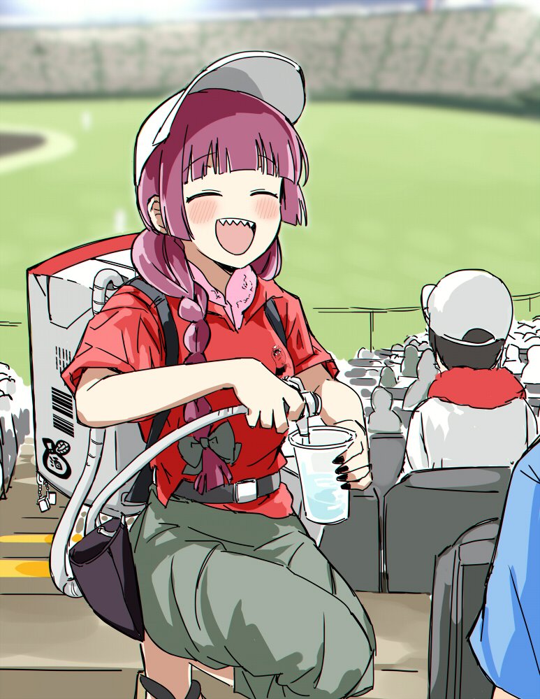 Safebooru - 1girl alcohol backpack bag baseball cap baseball stadium belt black nails blurry ...