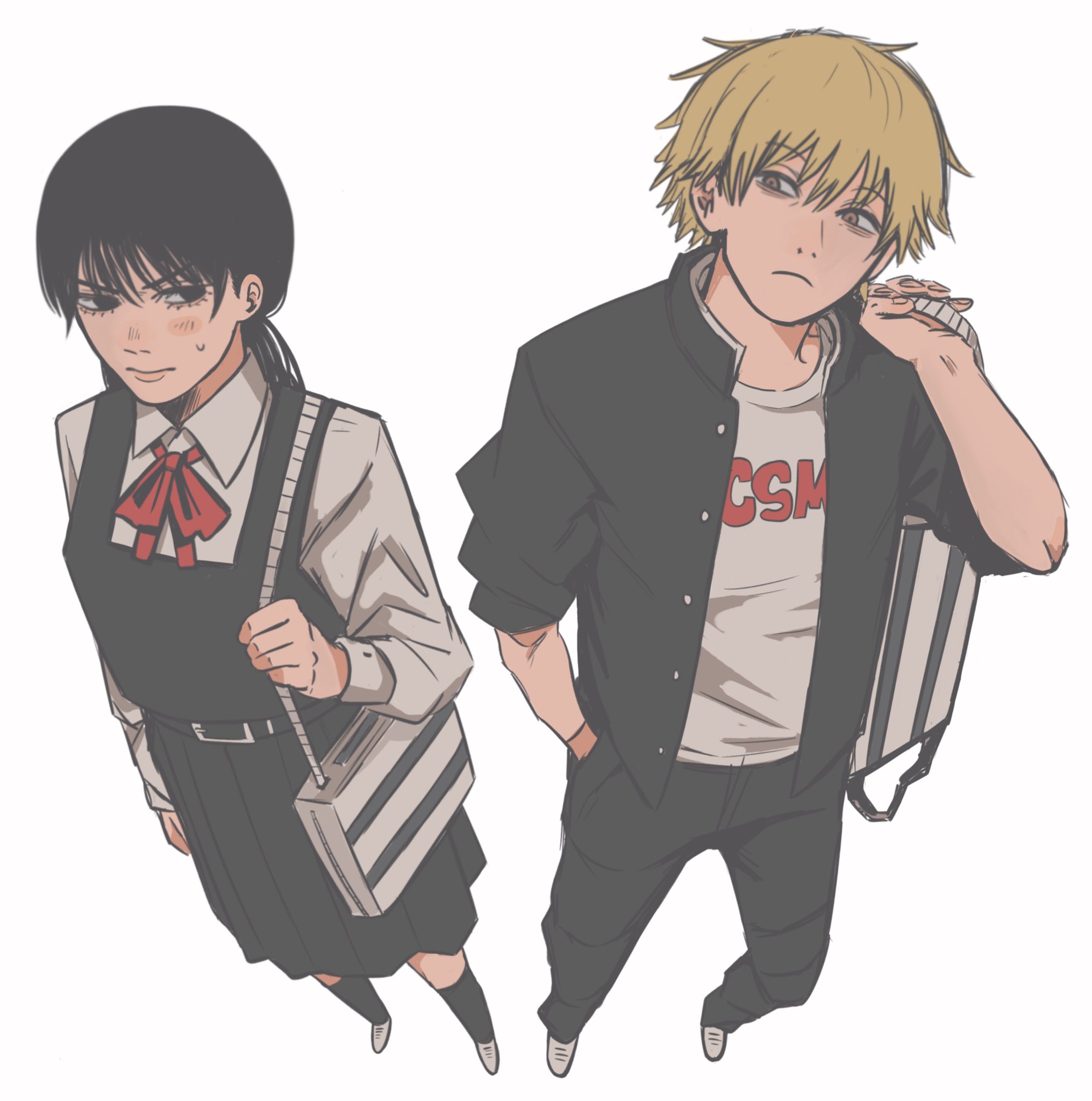 Safebooru - 1boy 1girl bag black eyes black hair black socks blonde hair chainsaw man commentary ...