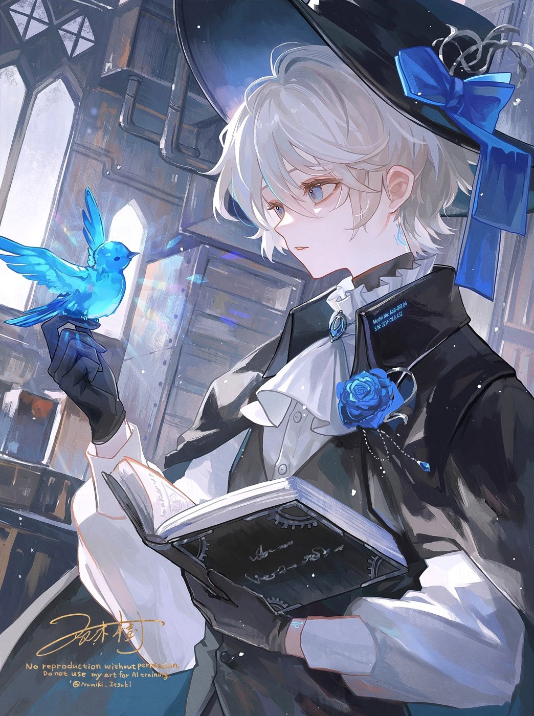 Safebooru - 1boy arched window ascot bird bird on hand bishounen black ...