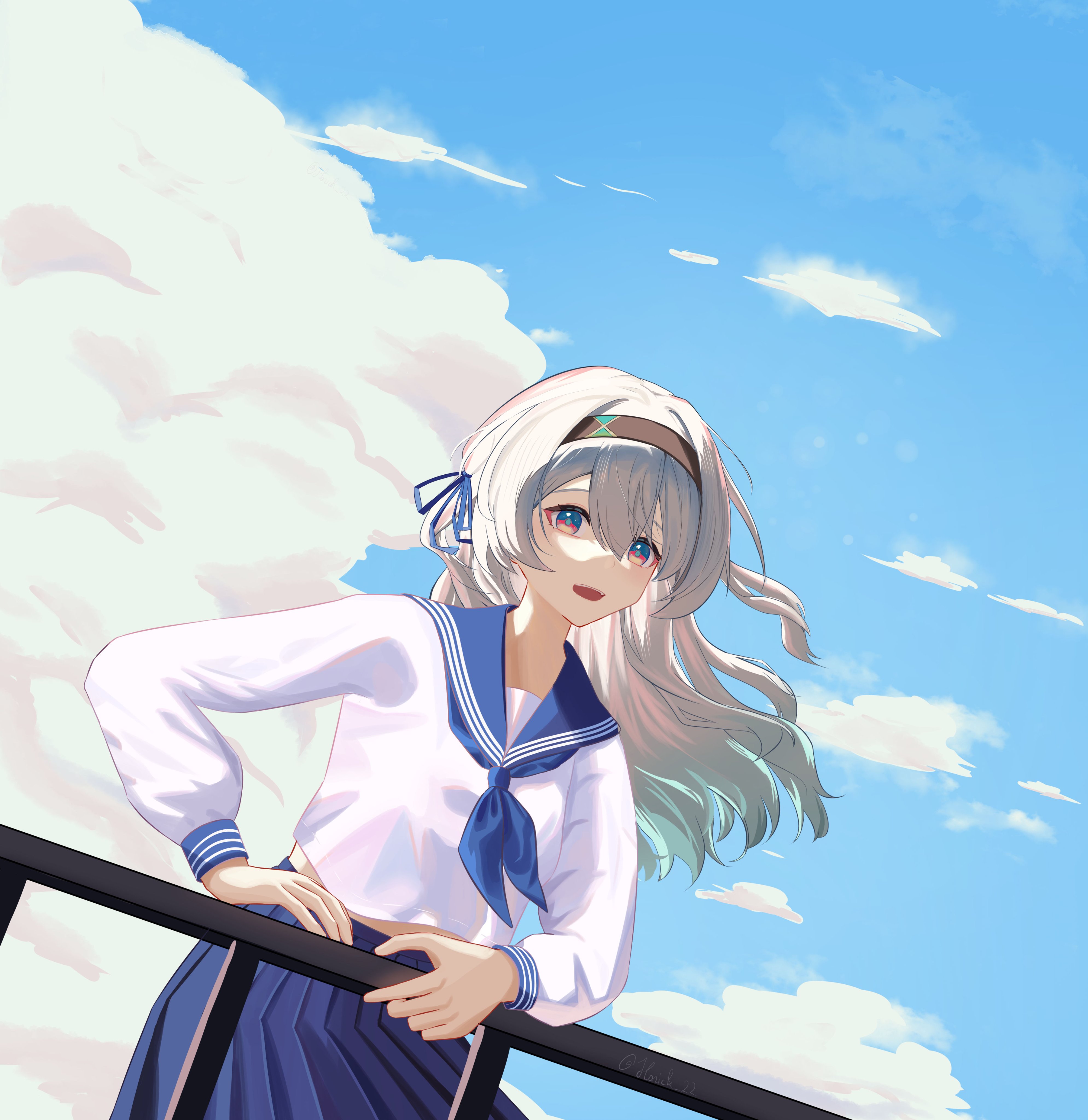 Safebooru - 1girl absurdres black hairband blue neckerchief blue pants blue ribbon blue sailor ...