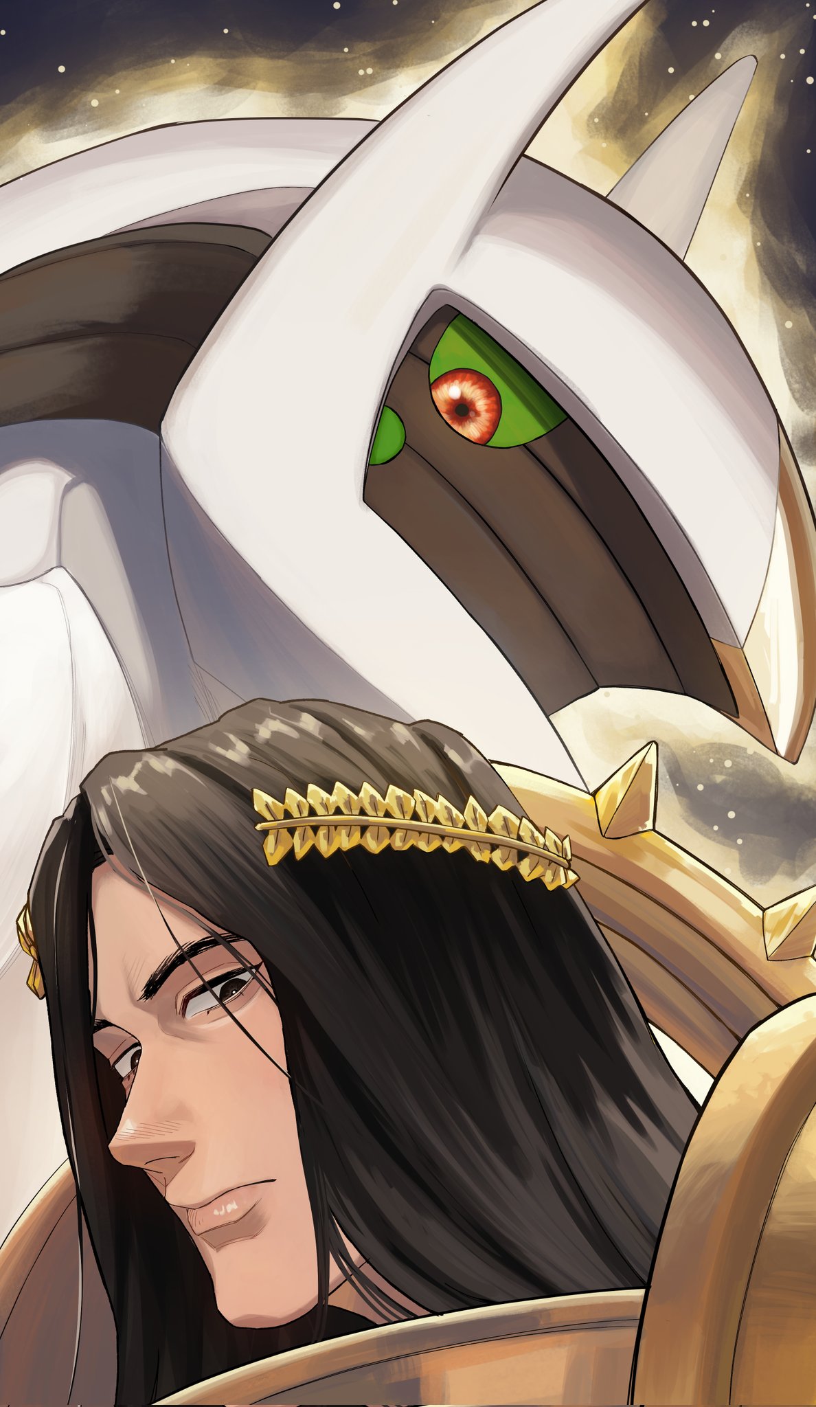 Safebooru - 1boy 1other arceus armor aura black eyes black hair closed ...