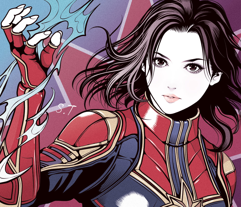 Safebooru - 1girl black hair blue bodysuit bodysuit captain marvel casting spell commentary ...