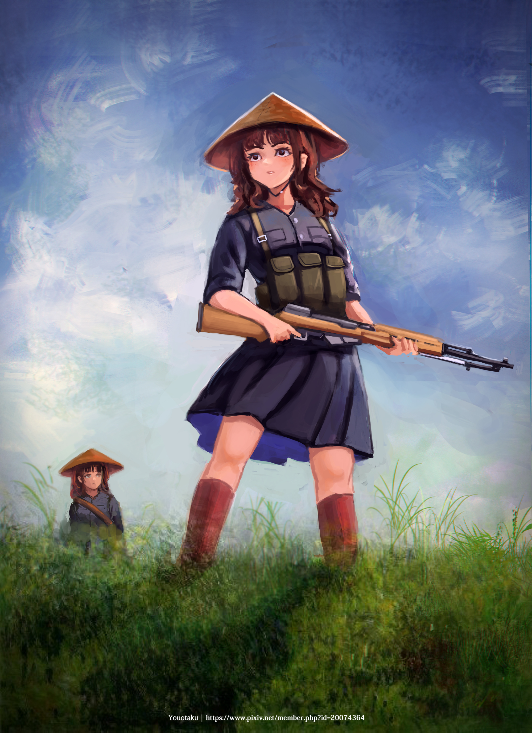 Safebooru - 2girls absurdres ammunition pouch artist name bayonet blue dress blue sky brown eyes ...