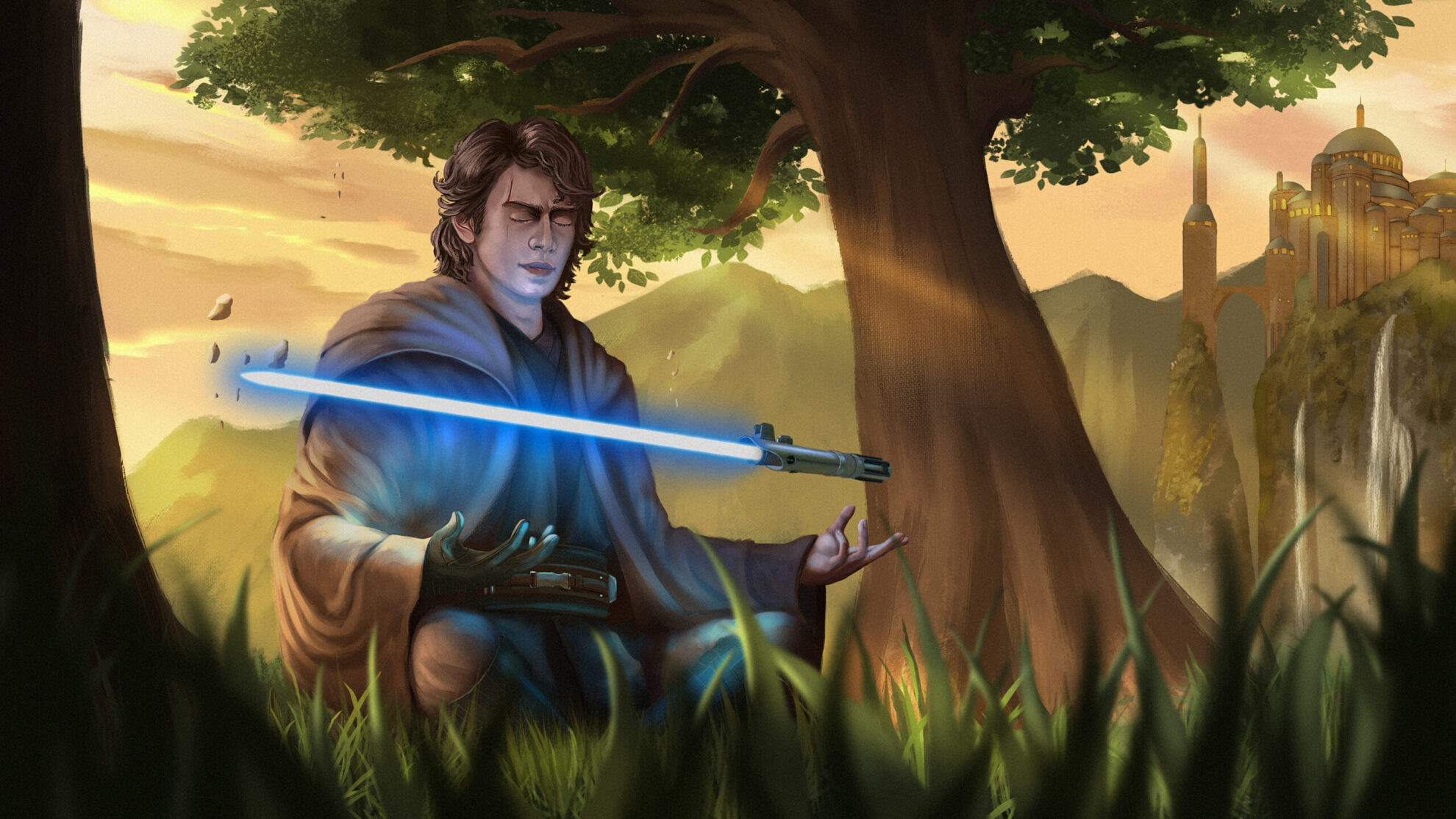 Safebooru - 1boy anakin skywalker black gloves blue lightsaber closed ...