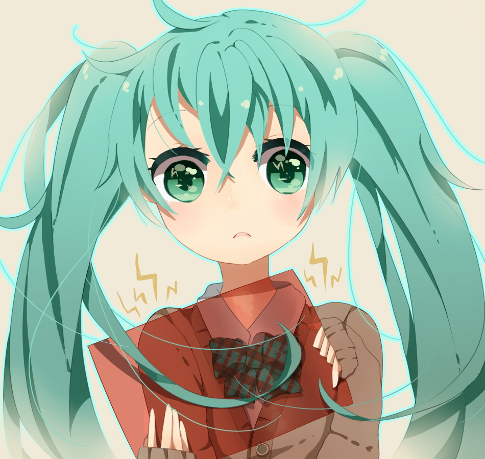 Safebooru - bowtie frown green eyes green hair hatsune miku iroha ao ...