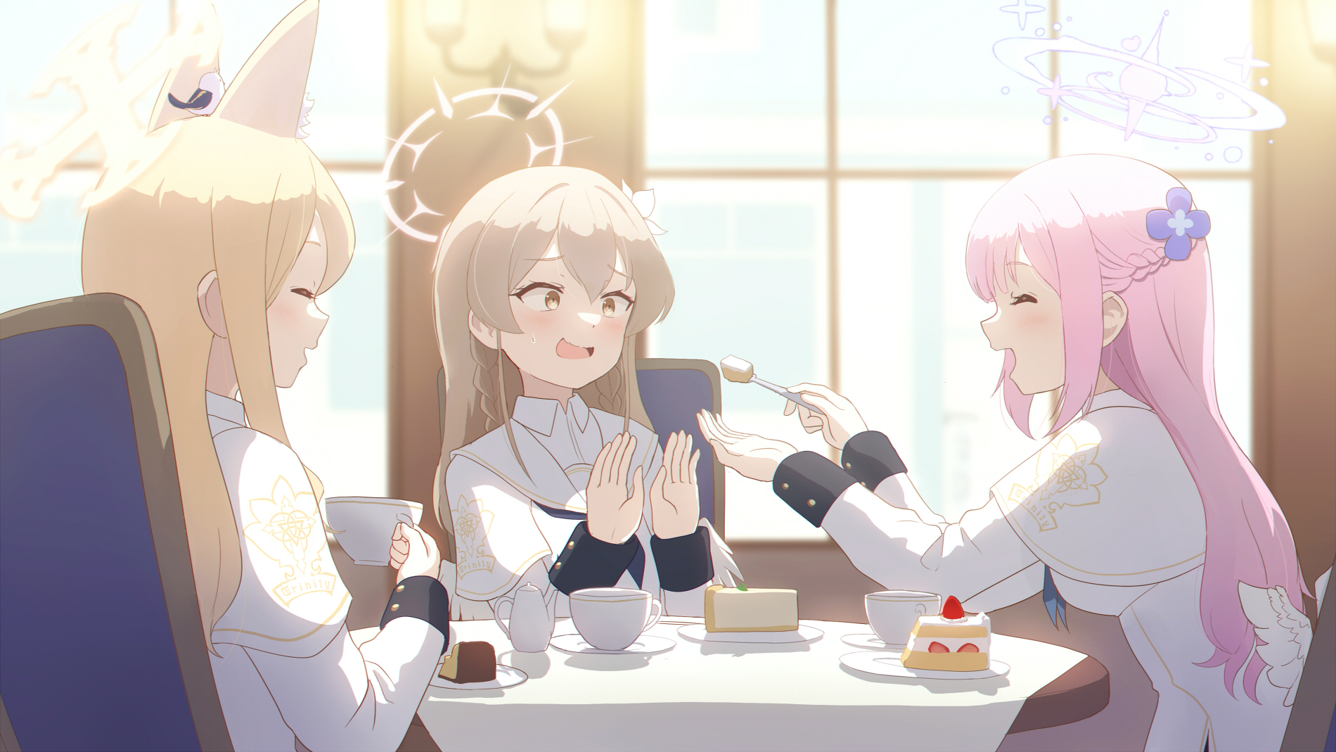 Safebooru - 3girls blonde hair blue archive cake cake slice closed eyes ...