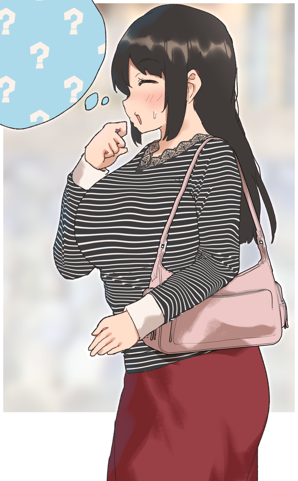 Safebooru - 1girl ? ?? bag black hair black shirt blurry blurry background blush breasts closed ...