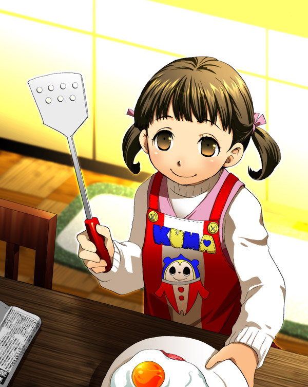 Safebooru - apron blush brown eyes brown hair chair cooking doujima ...