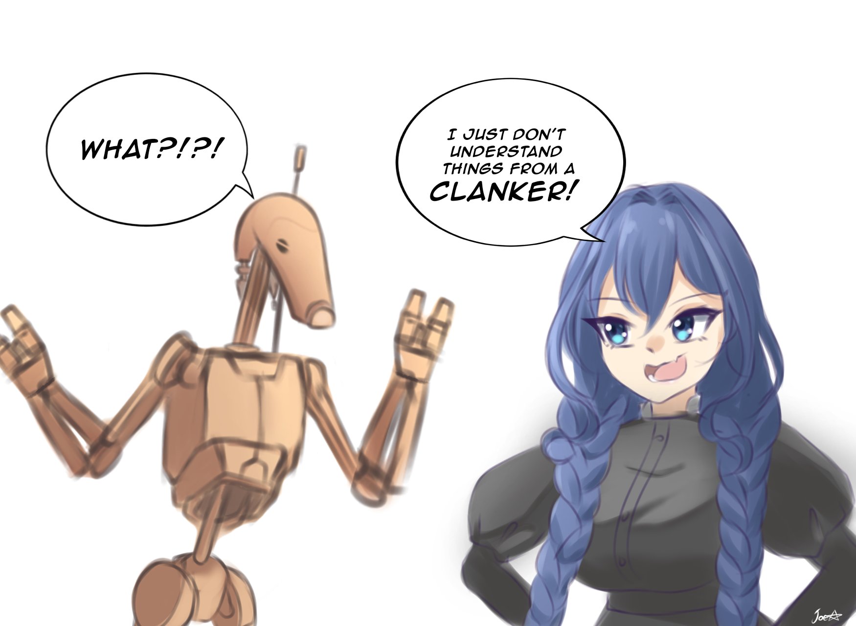 Safebooru - 1girl b1 battle droid black dress blue eyes blue hair braid ...