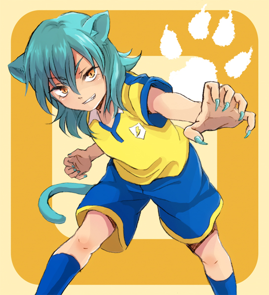 Safebooru - animal ears aqua hair cat ears cat tail claws grin harukaze ...