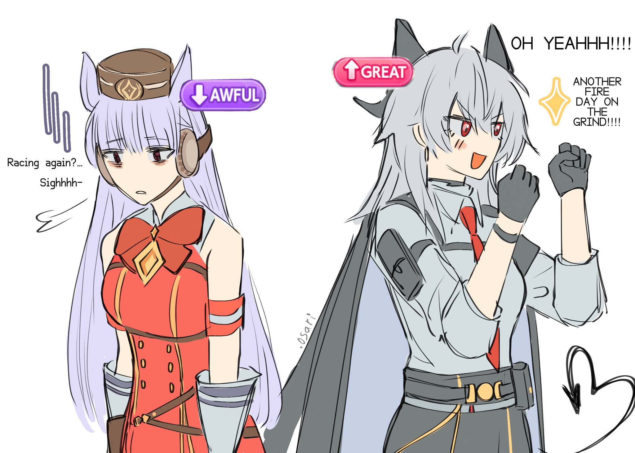 Safebooru - .osari 2girls animal ears arm pouch armband bags under eyes black gloves black horns ...