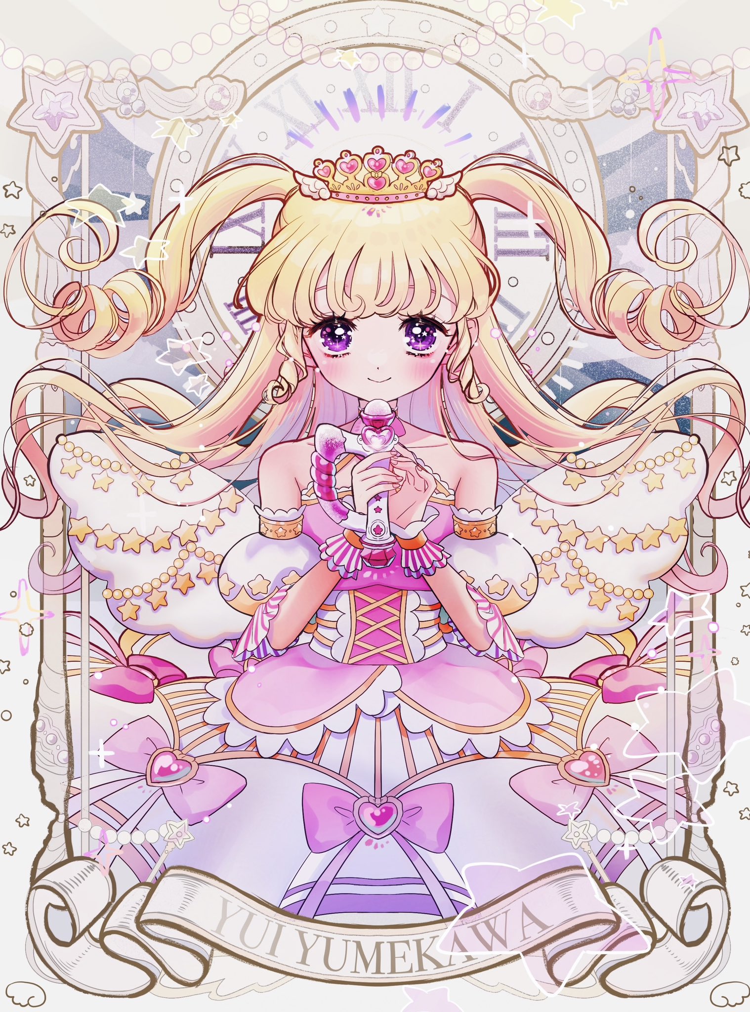 Safebooru - 1girl bare shoulders blonde hair bow character name clock closed mouth commentary ...