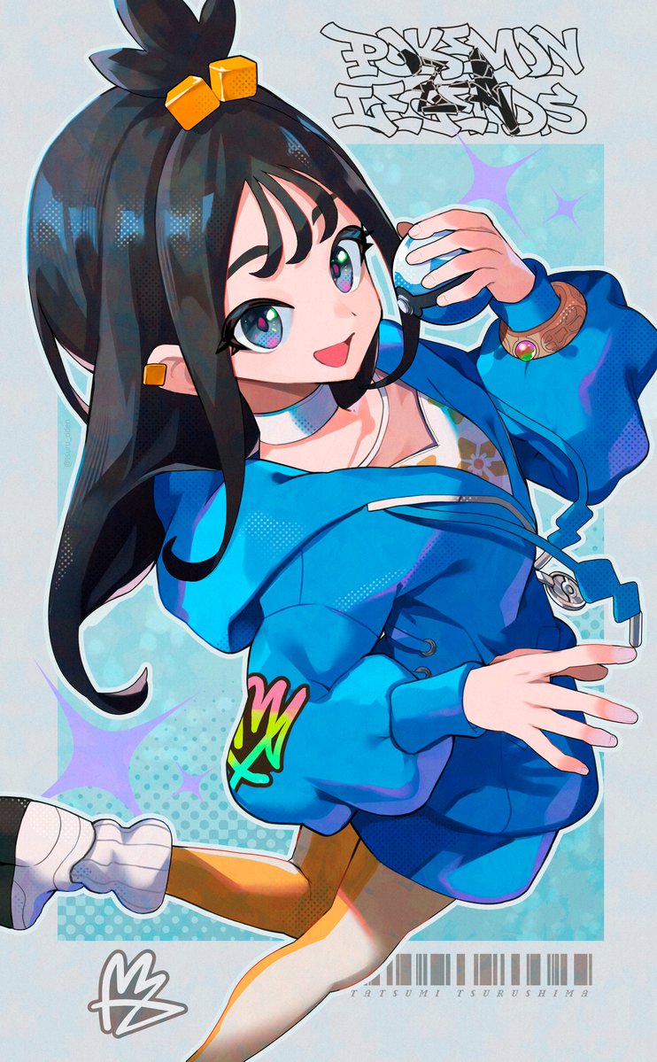 Safebooru - 1girl black hair blue hoodie blush bracelet choker cube ...