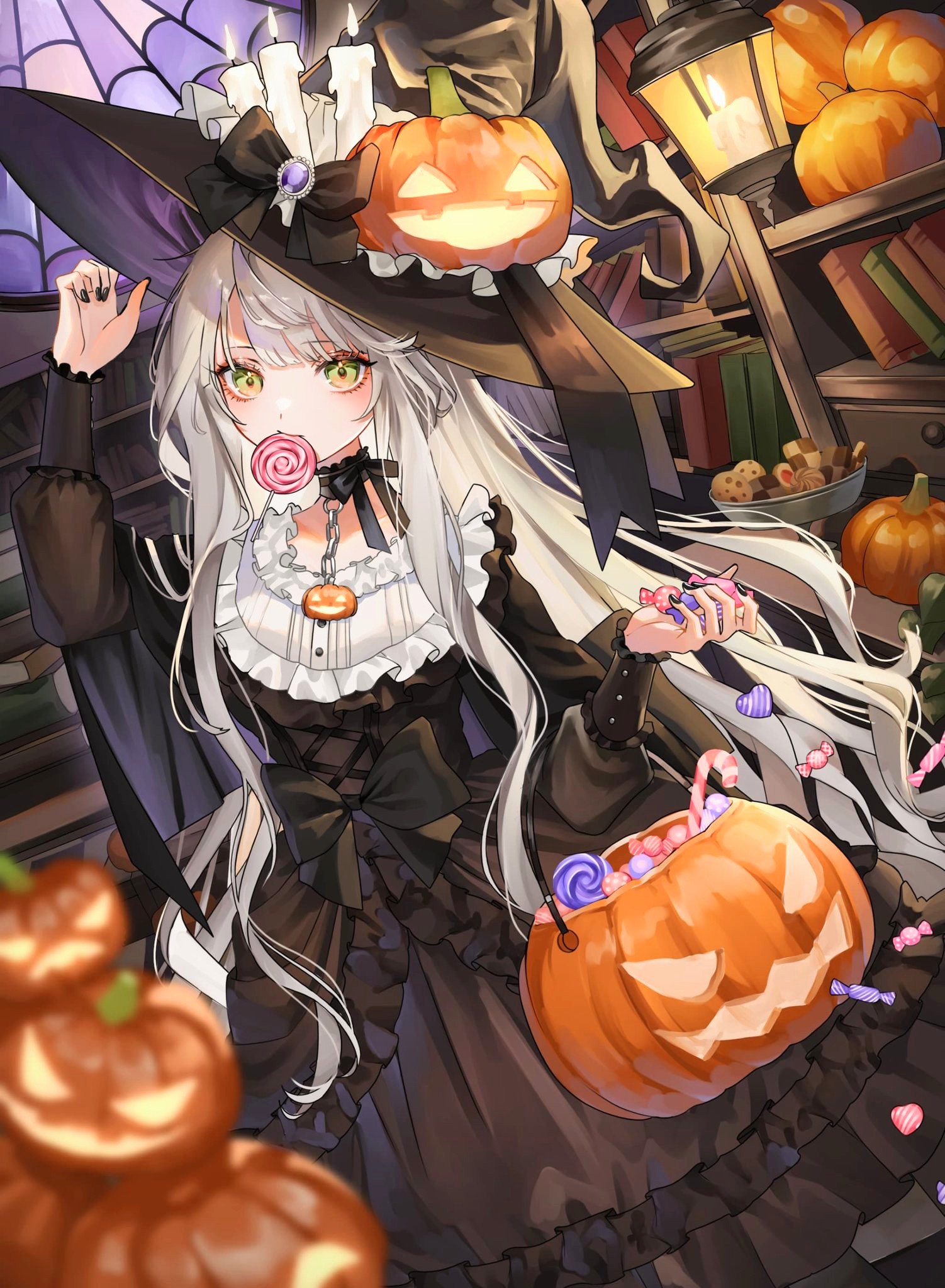 Safebooru - 1girl arm up black bow black choker black dress black hat blurry blurry foreground ...