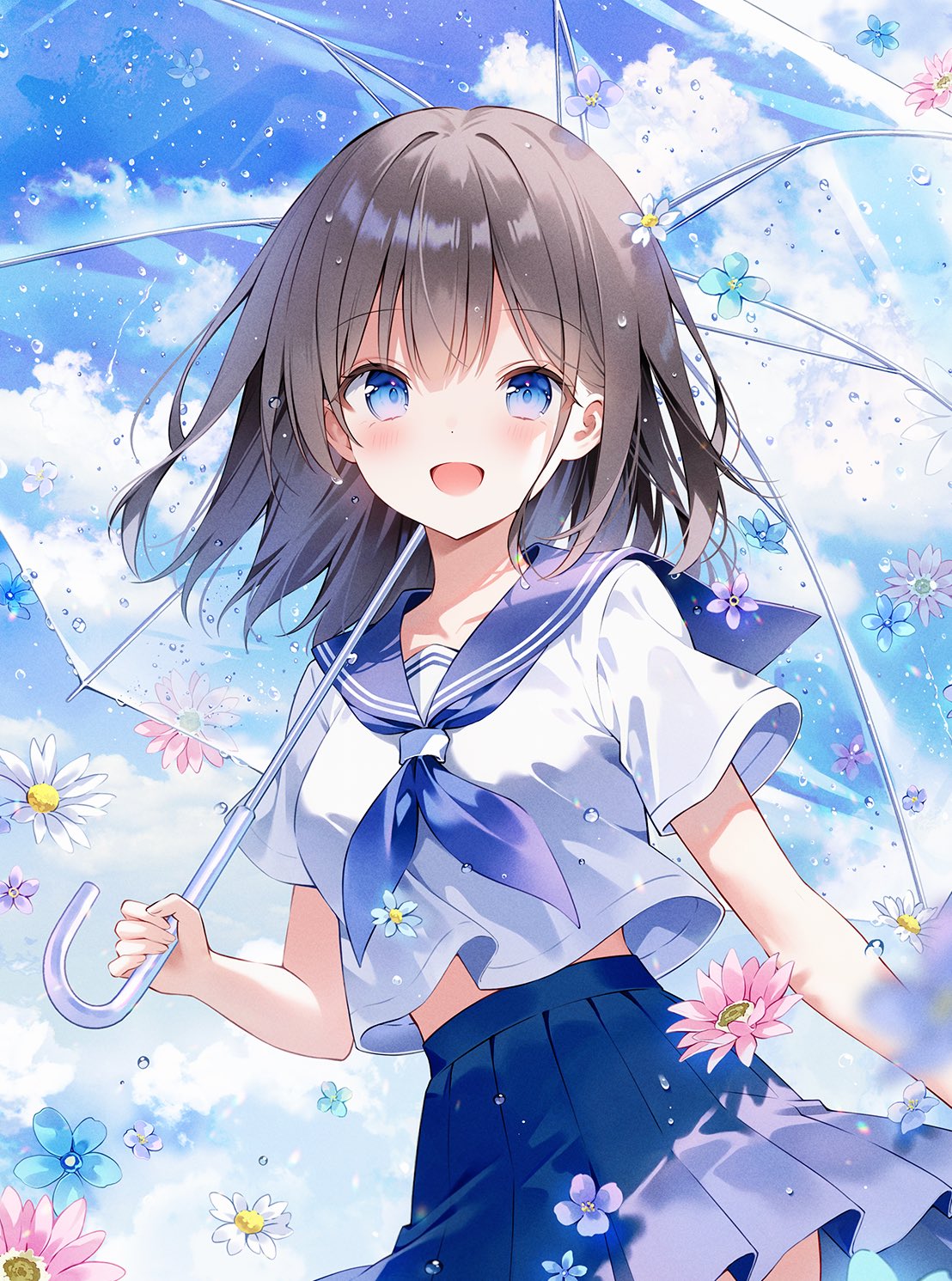 Safebooru - 1girl :d blue eyes blue flower blue neckerchief blue sailor collar blue skirt blue ...