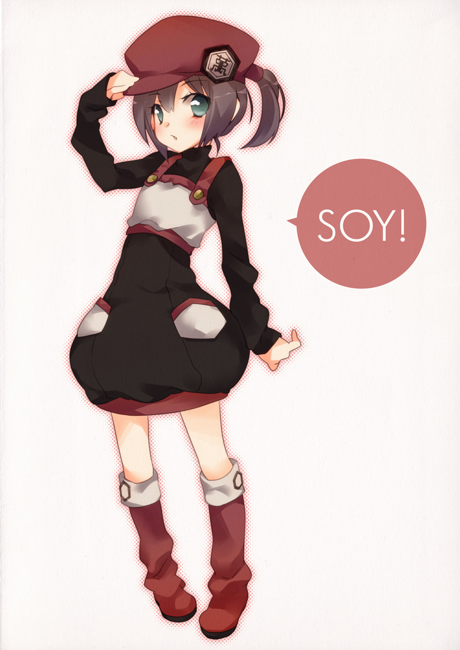 Safebooru - blush boots brown eyes dress ech green hair hand on hat hat ...