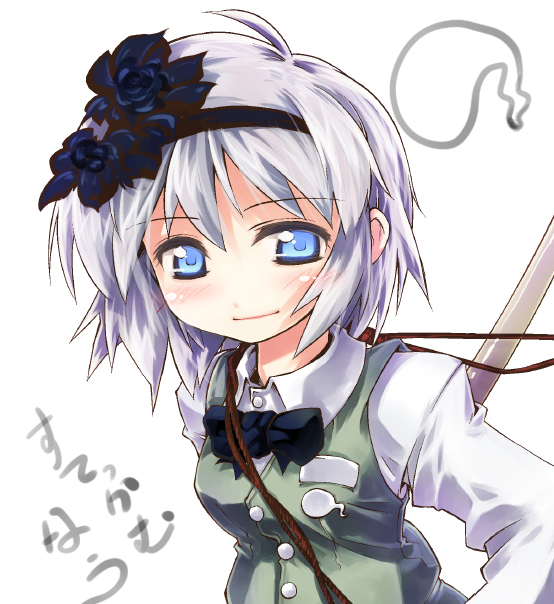 Safebooru Blue Eyes Blush Bowtie Flower Grey Hair Grin Hairband 8499