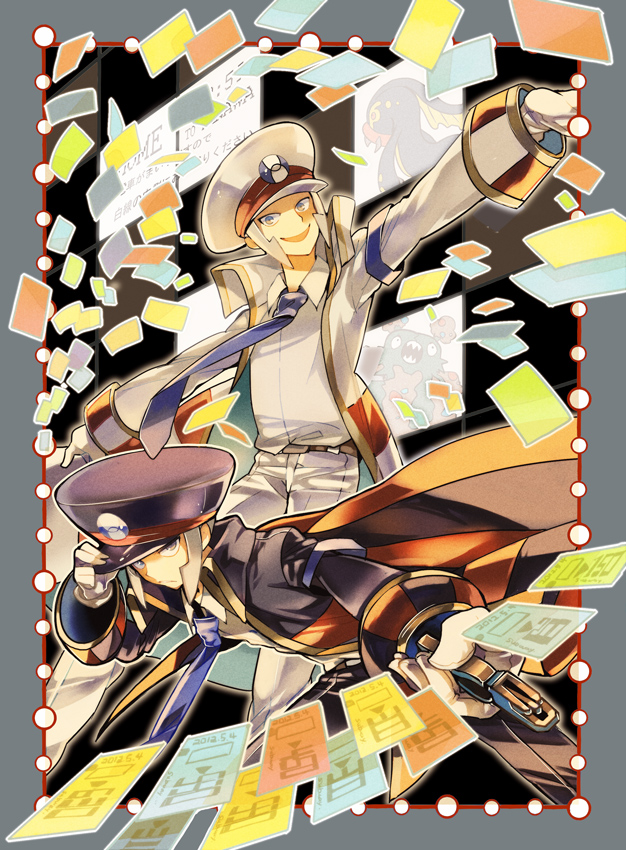 Safebooru - 2boys eelektross fushitasu garbodor gloves grey hair hat ...