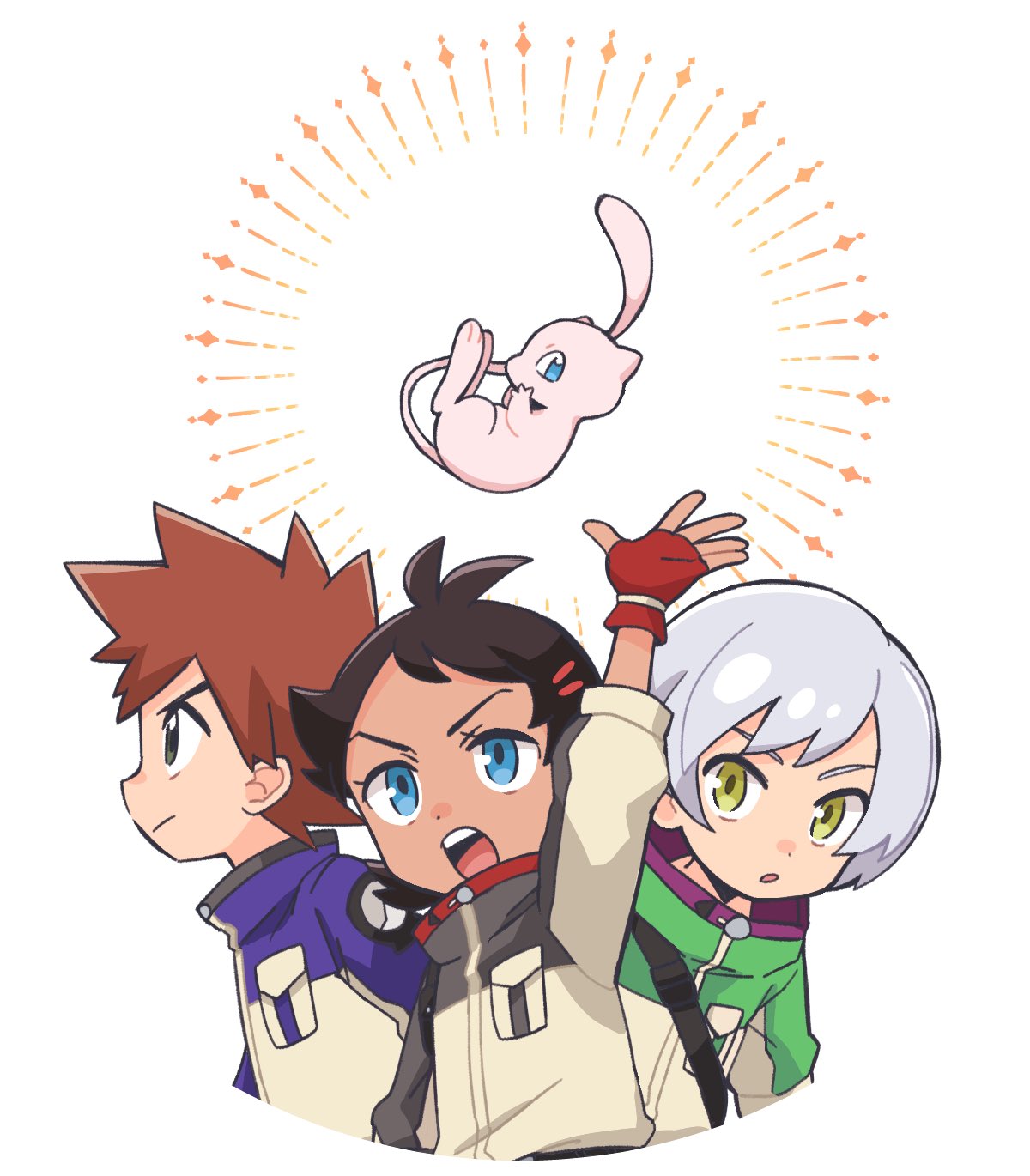 Safebooru - 3boys :o arm up blue eyes brown hair closed mouth ...