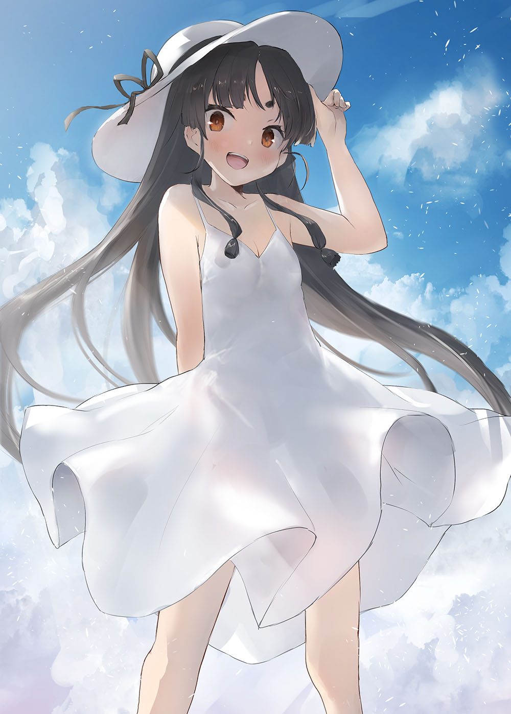 Safebooru - 1girl alternate costume arm behind back black hair blush brown eyes clouds cloudy ...