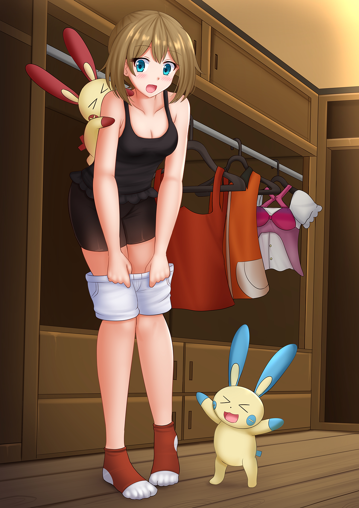 Safebooru - 1girl :d ankle socks bike shorts black camisole black shorts blue eyes blush breasts ...