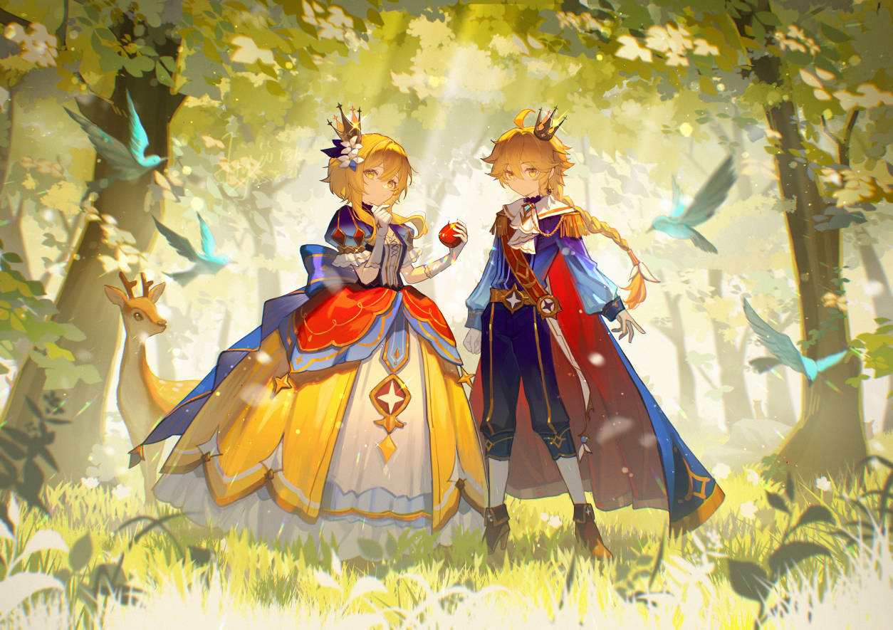 Safebooru - 1boy 1girl aether (genshin impact) apple ayiiiyiii black pants blonde hair blue ...