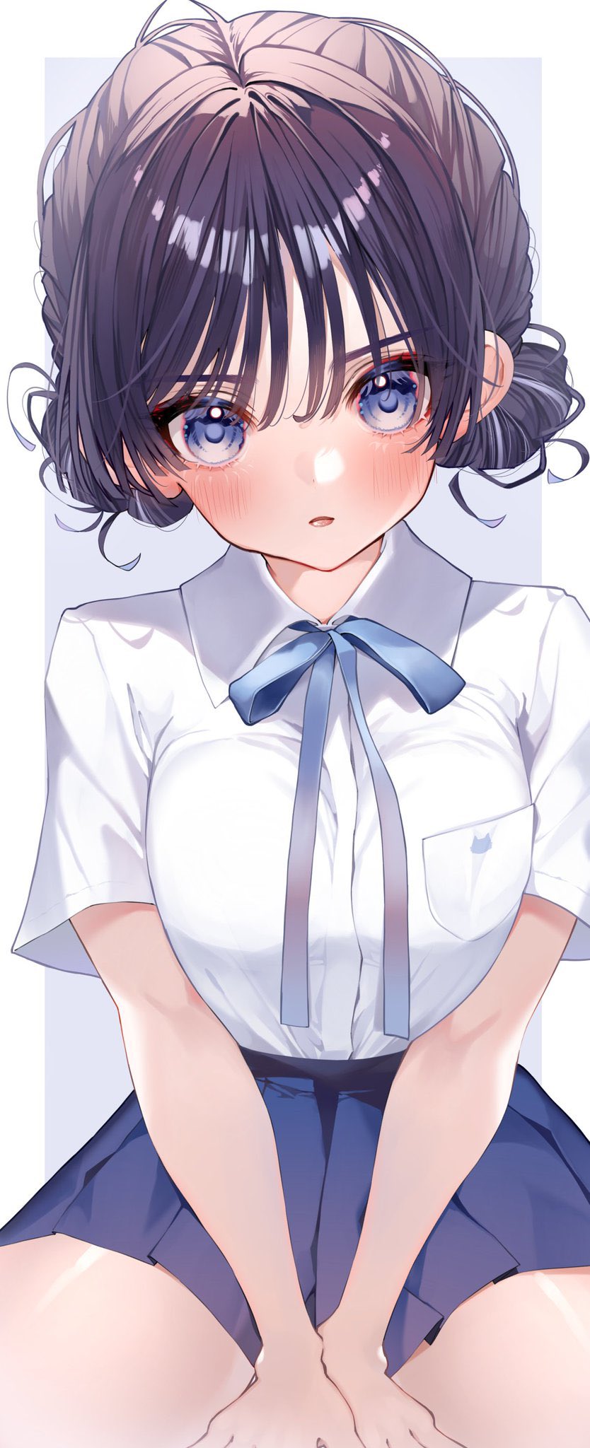 Safebooru - 1girl black hair blue eyes blue ribbon blue skirt blush breasts closed mouth ...