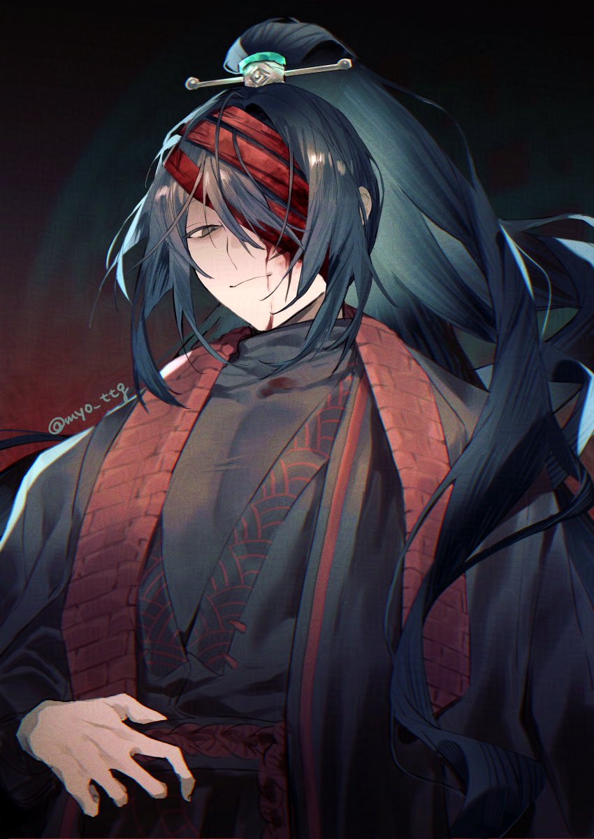 Safebooru - 1boy bandage over one eye black background black eyes black hair black hanfu black ...