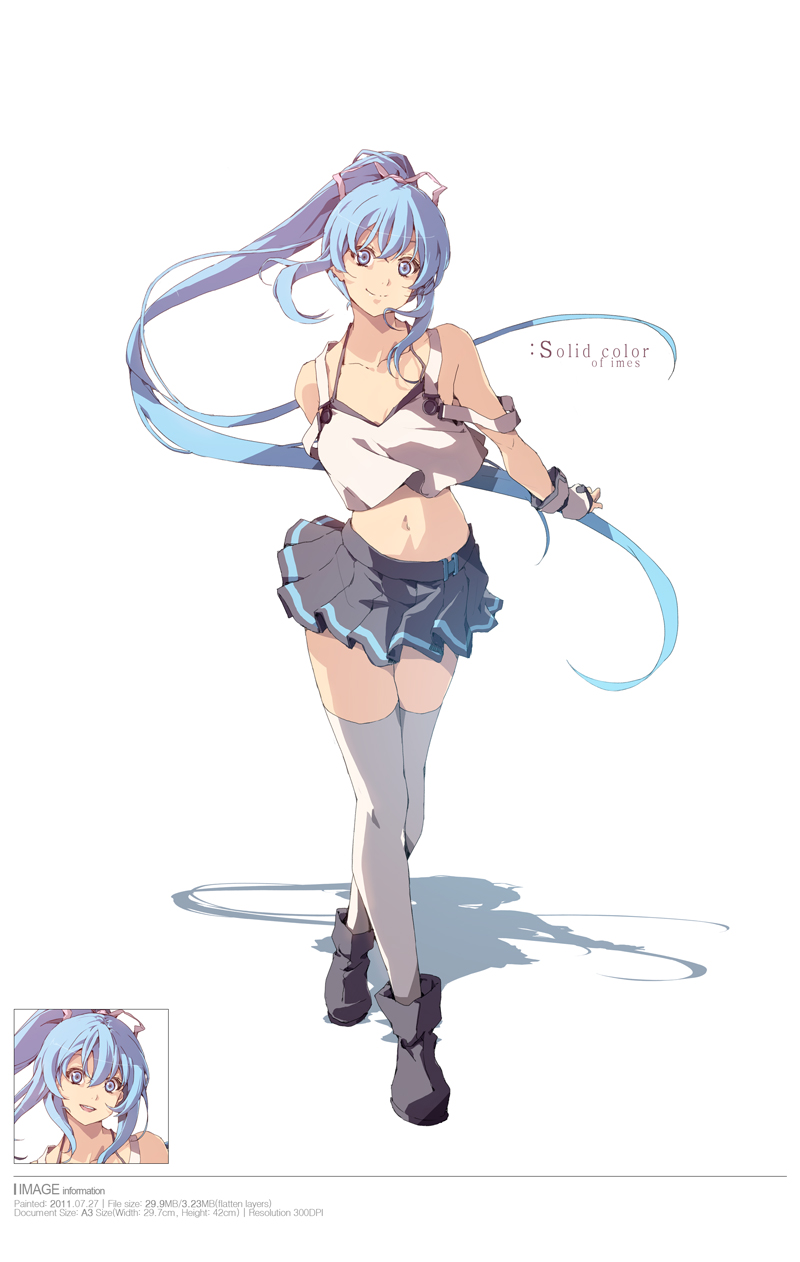 Safebooru - bare shoulders blue eyes blue hair hair ribbon highres midriff navel original ...