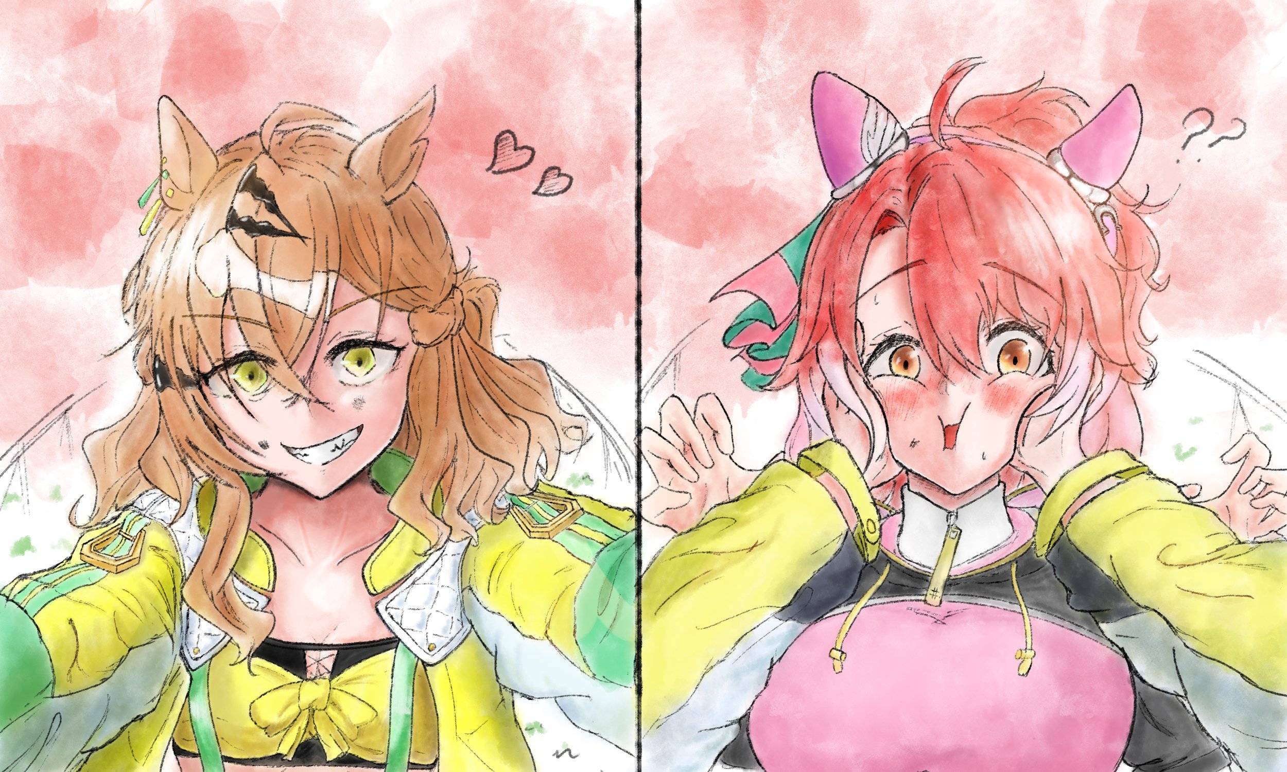 Safebooru - 2girls ? ?? bandeau blush braid brown hair cheek squash commentary request confused ...