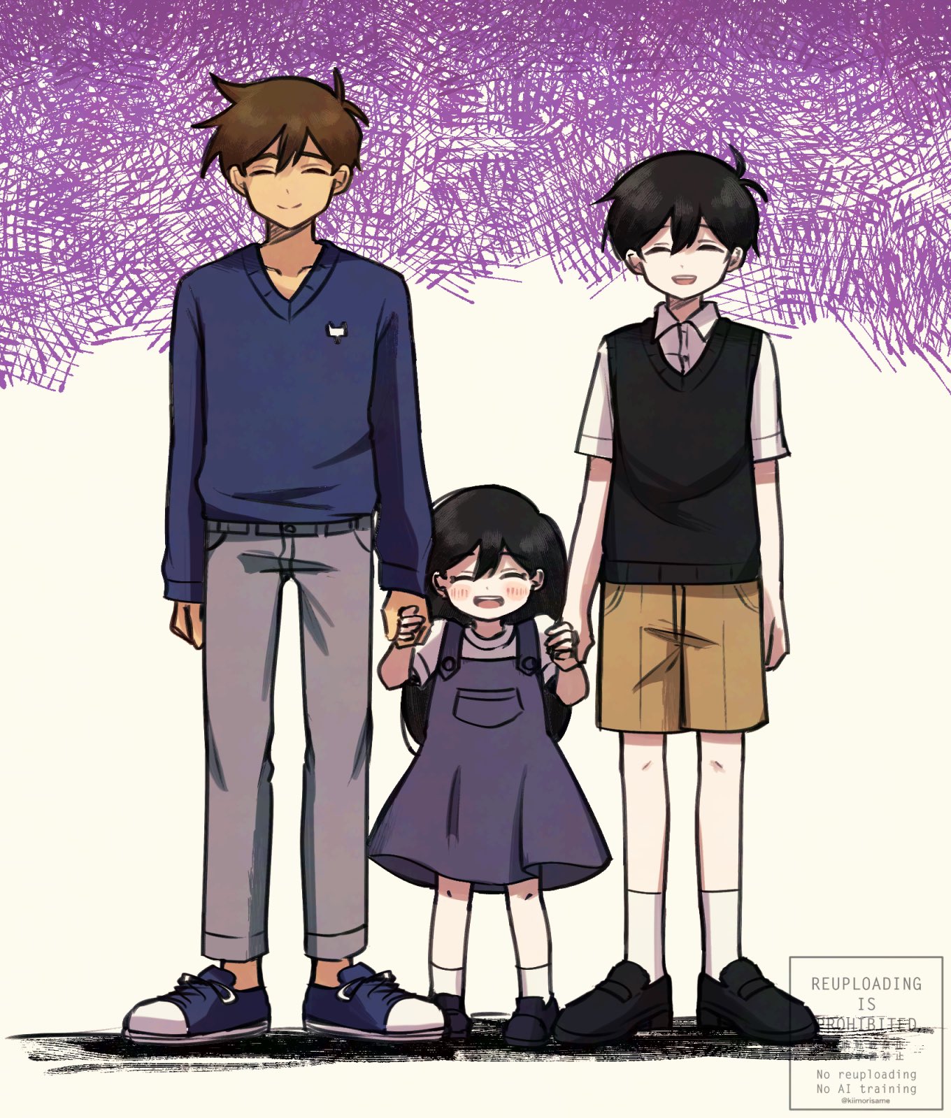 Safebooru - 1girl 2boys aged down black hair black shoes black sweater vest blue shoes blue ...