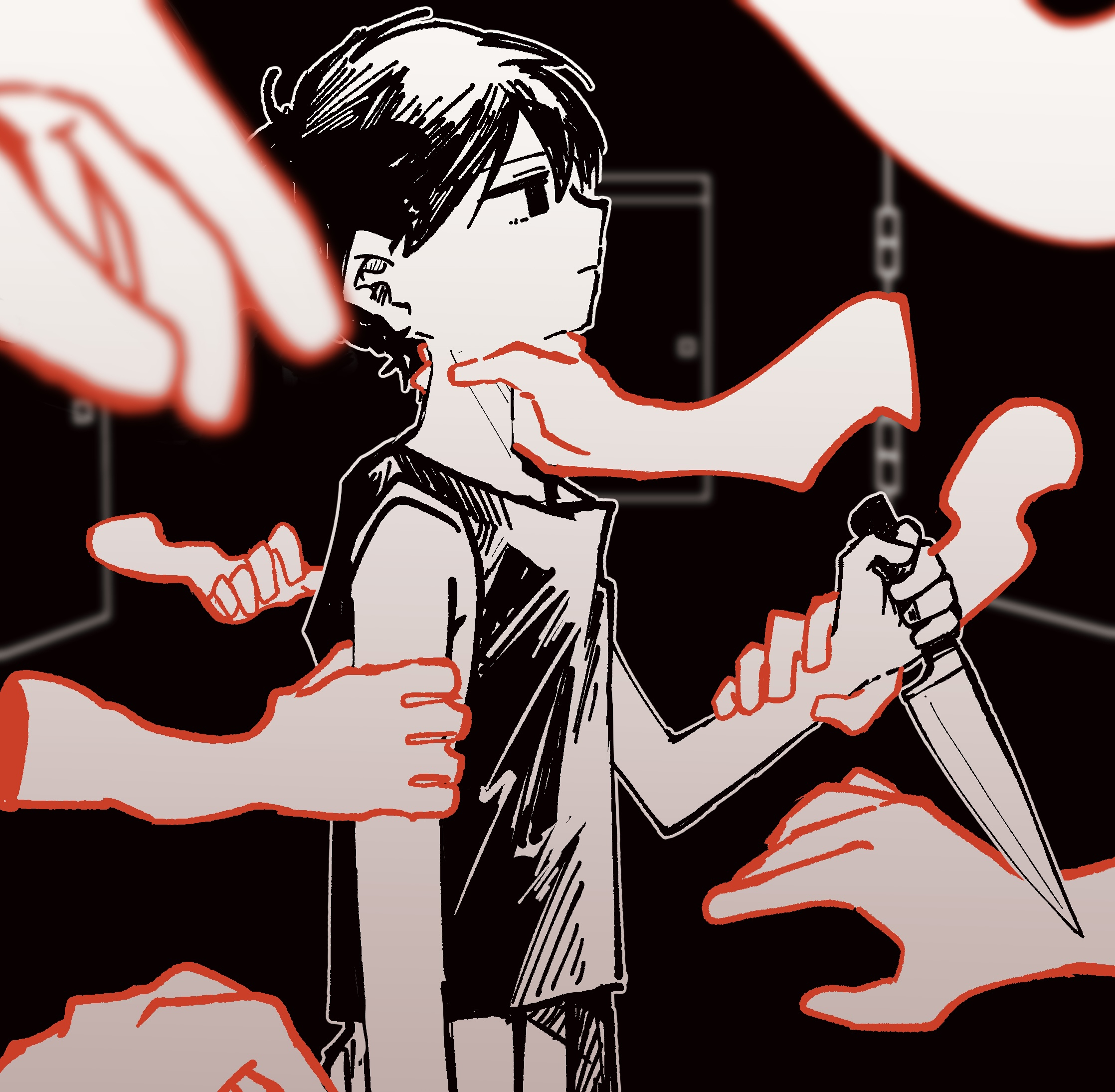 Safebooru - 1boy black eyes black hair black tank top closed mouth door ...