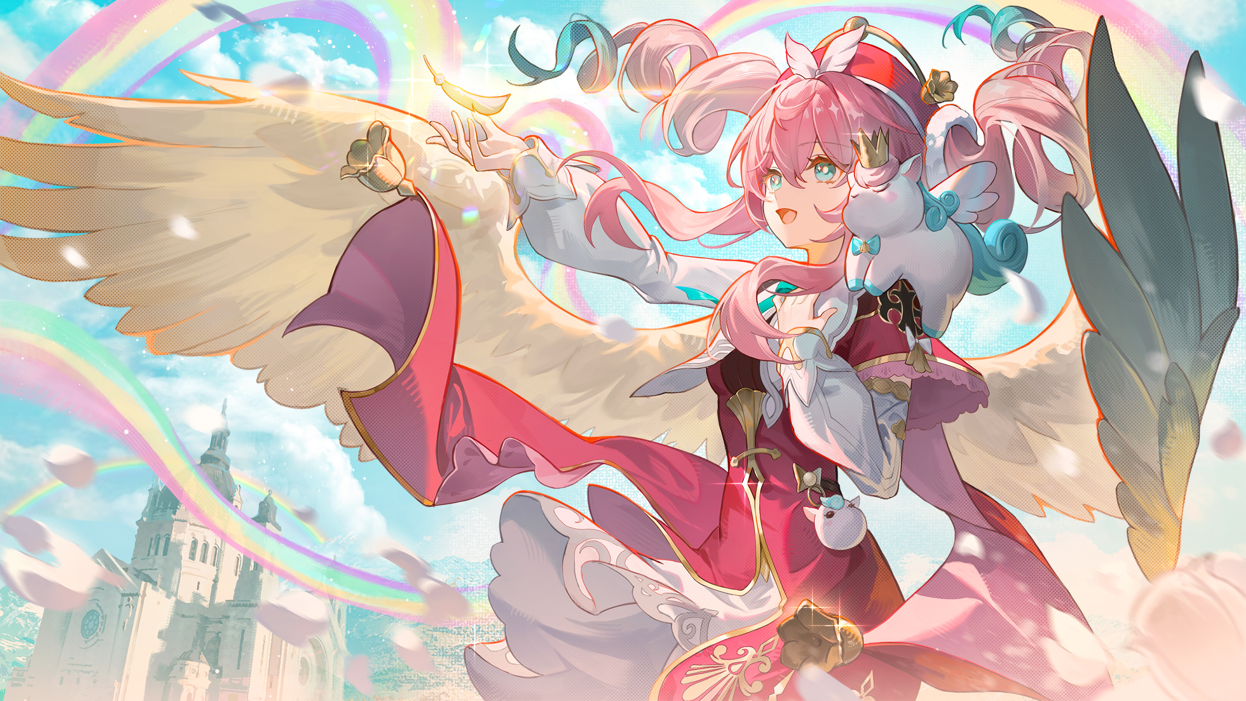 Safebooru - 1girl angel wings aqua eyes aqua hair black tiara blue sky castle dress drill hair ...