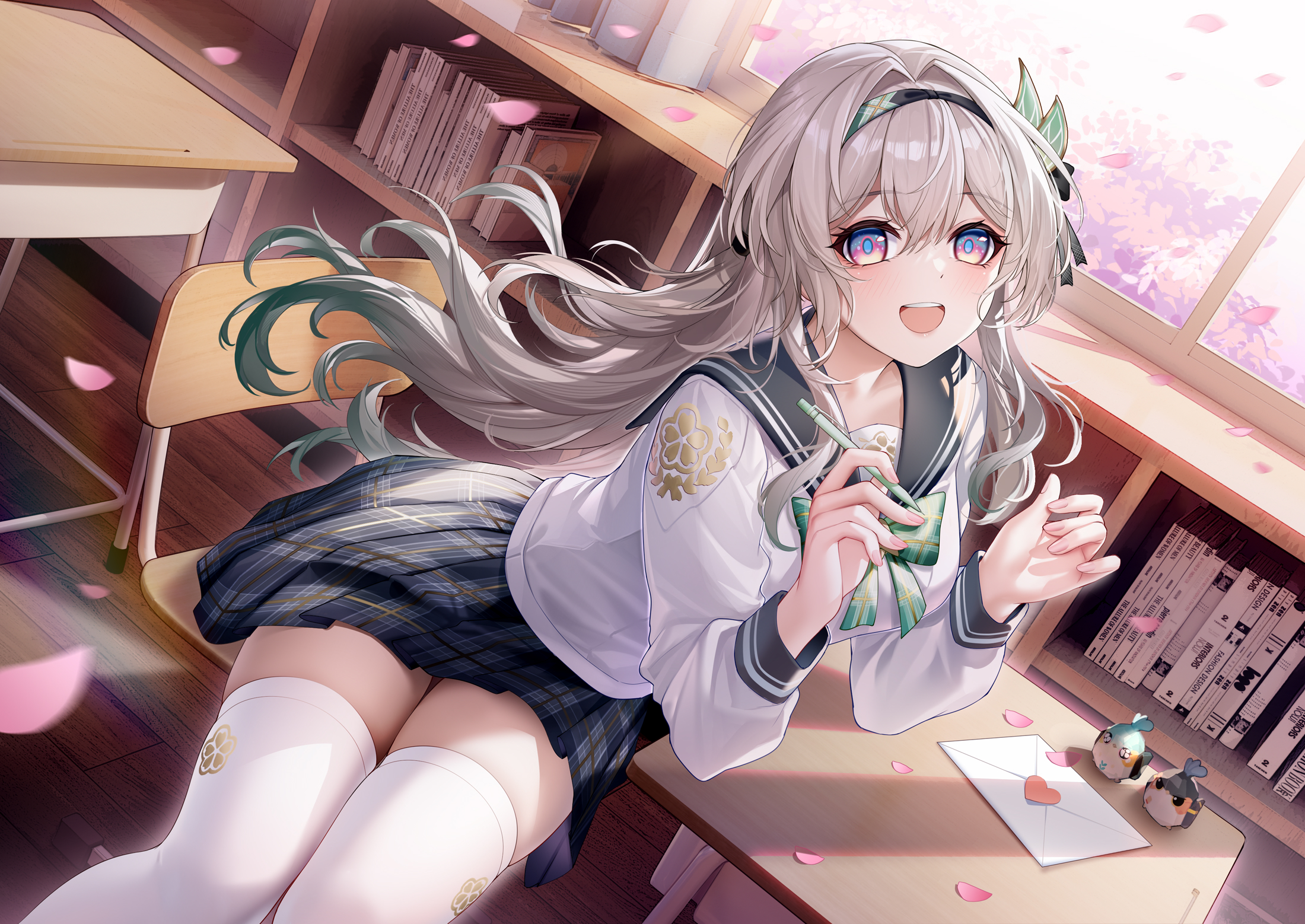 Safebooru - 1girl black hairband blue pupils book bookshelf bow bowtie chair chinese commentary ...