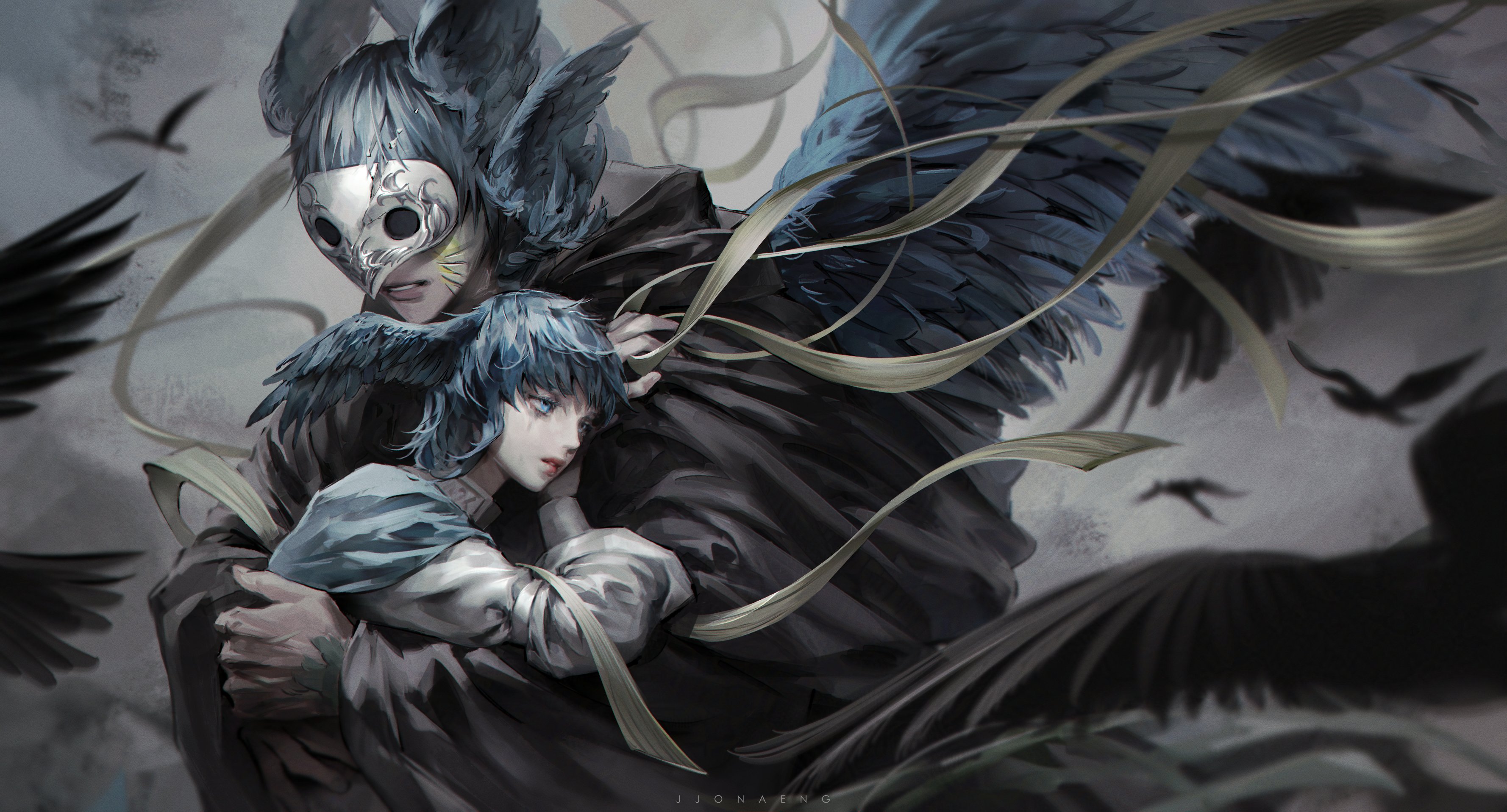 Safebooru - 1boy 1girl absurdres bird bird wings black robe blue eyes ...