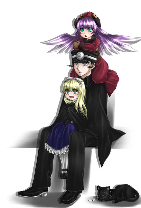 Safebooru - bangs black hair blonde hair blue eyes blush cape cat child devil summoner dress ...