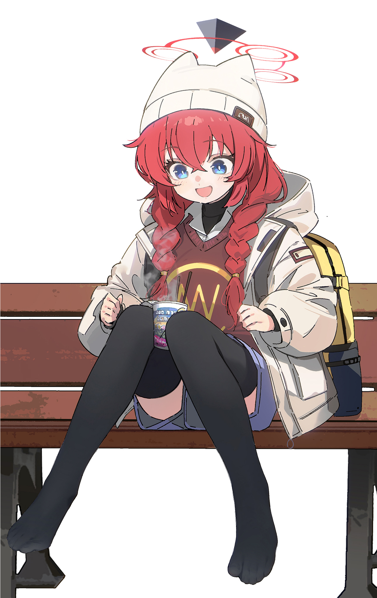 Safebooru - 1girl :d animal ear headwear backpack bag beanie black pantyhose blue archive blue ...